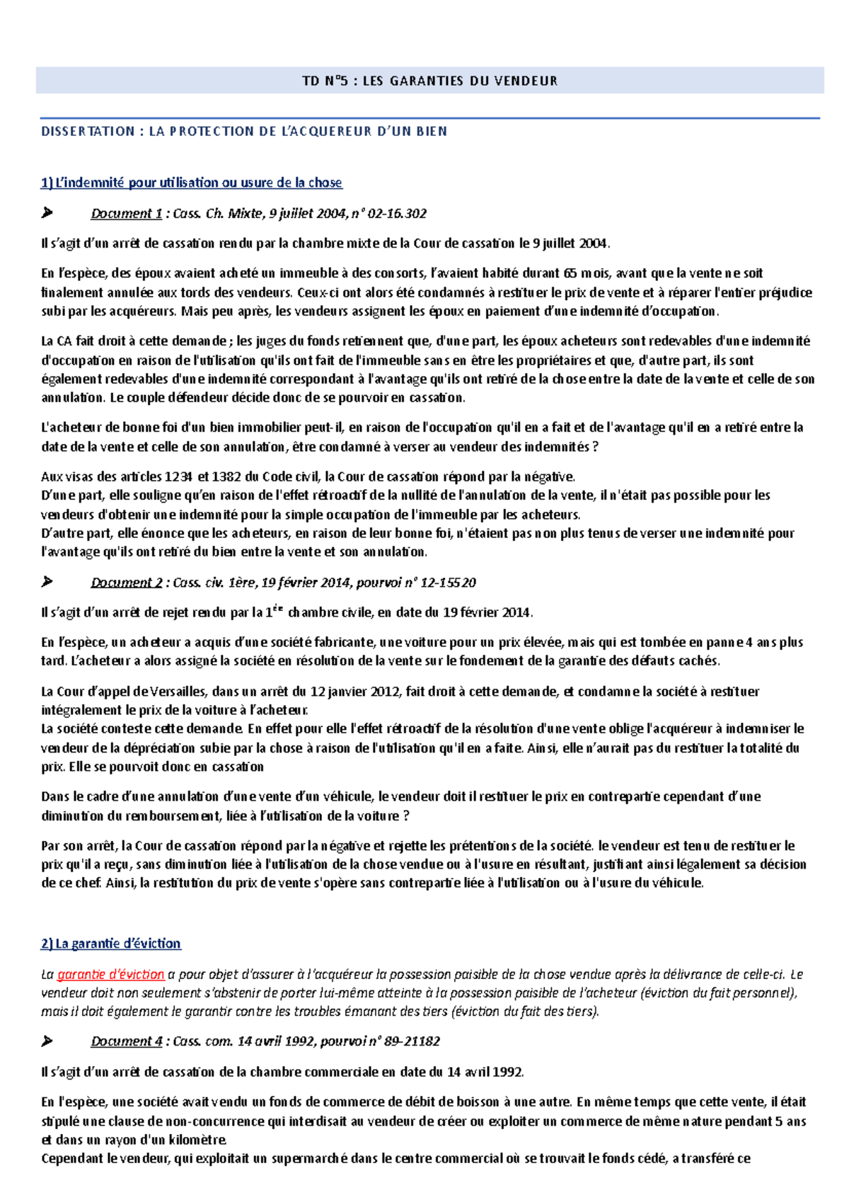 Fiches d'arrêts TD 5 - TD N°5 : LES GARANTIES DU VENDEUR - TD N°5 : LES GARANTIES DU VENDEUR ...