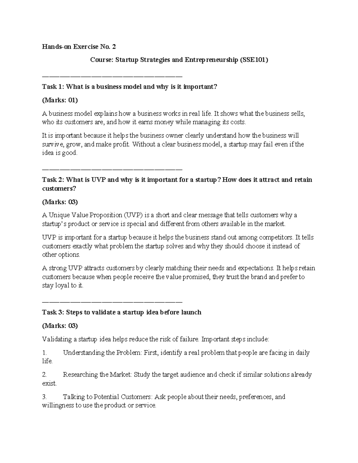 SSE101: Business Models & UVP in Startup Strategies - Exercise 2 - Studocu