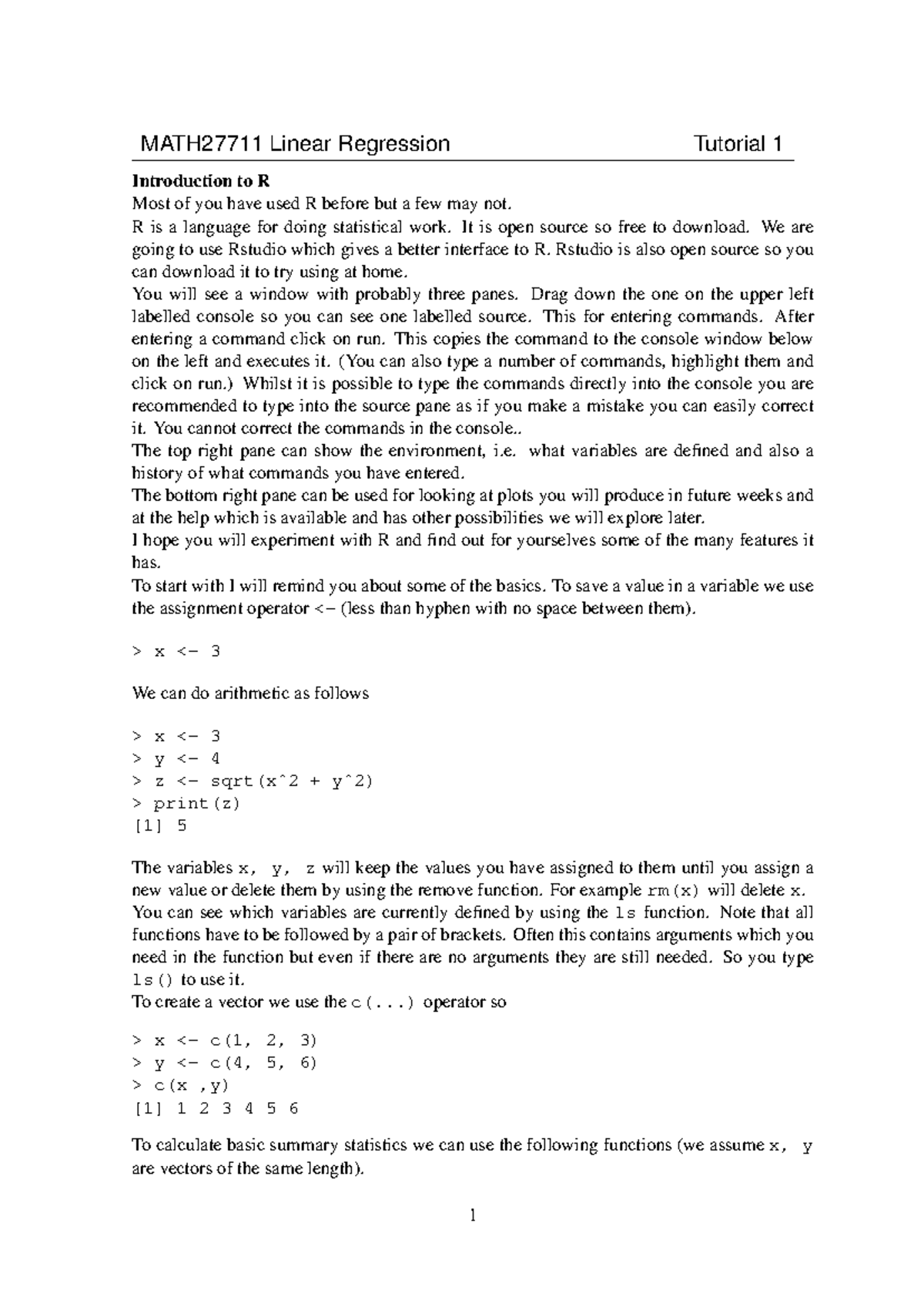 MATH27711 Linear Regression Tutorial 1: Intro to R and Basics - Studocu