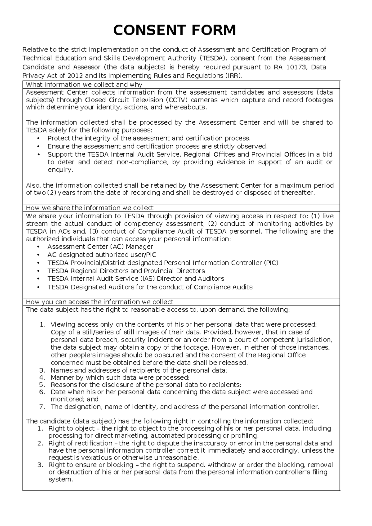 TESDA Consent Form for CCTV Monitoring in Assessment Programs - Studocu