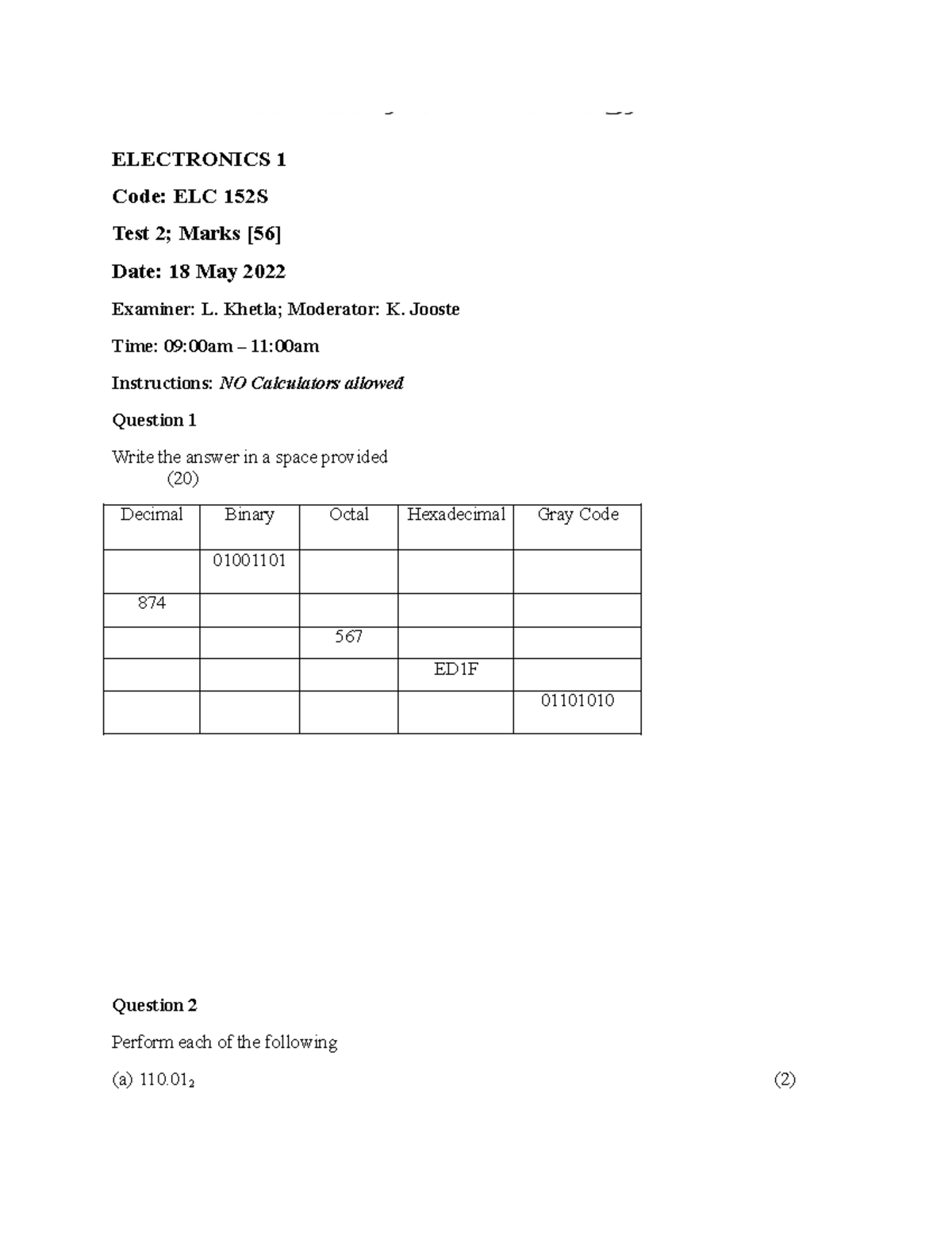 Electronics 1 Test 2 (ELC 152S) - Marks and Instructions - Studocu