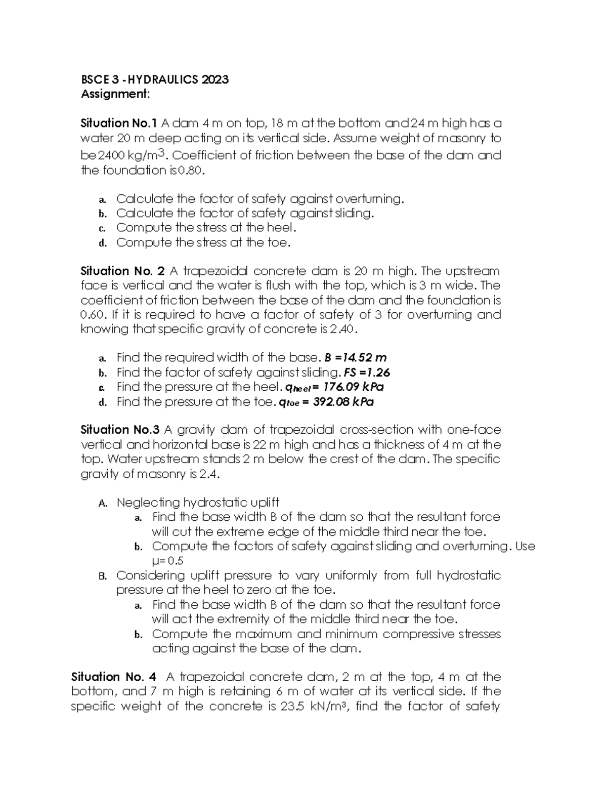 BSCE 3 - HYDRAULICS 2023: Dams Practice Problems Assignment - Studocu