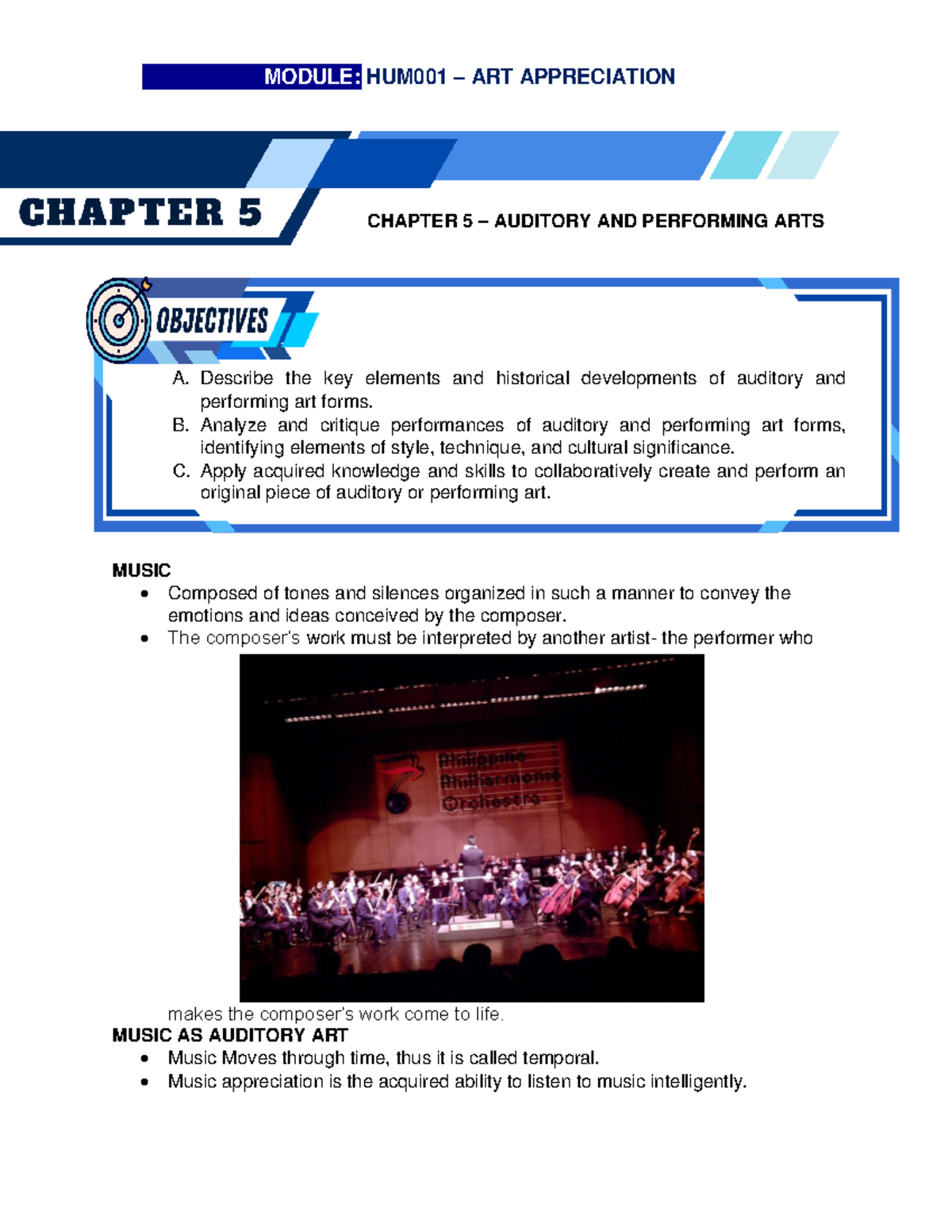 Chapter 5 - Auditory ART AND Performing ARTS - CHAPTER 5 – AUDITORY AND ...