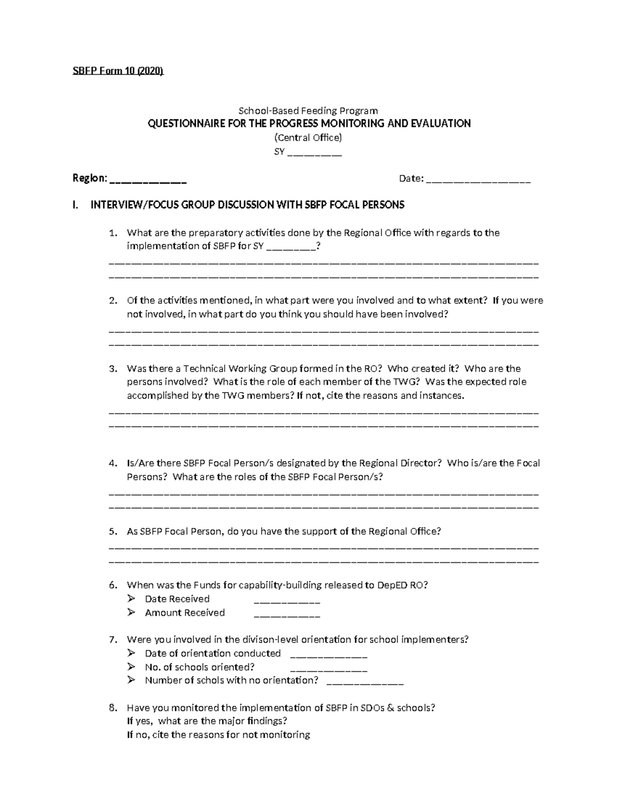 SBFP Form 10 (2020) Questionnaire for Progress Monitoring & Evaluation ...
