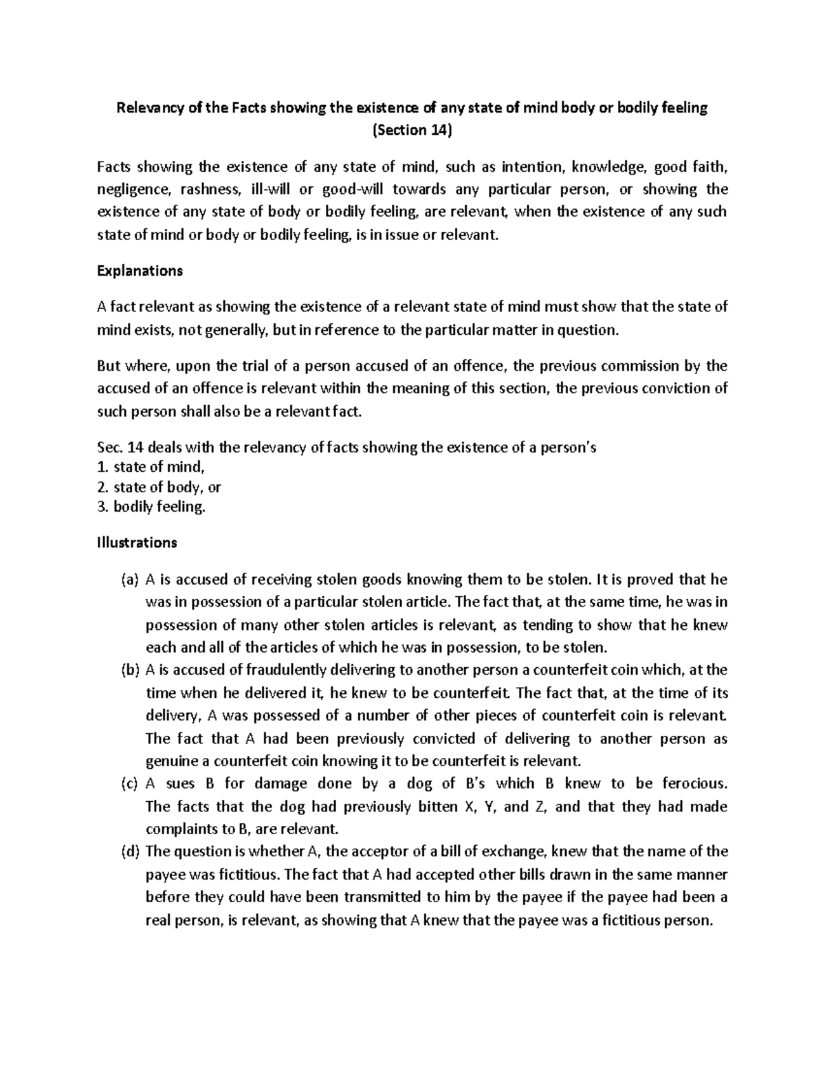 Relevancy of Facts on State of Mind & Body (Sec 14) - Legal Insights ...