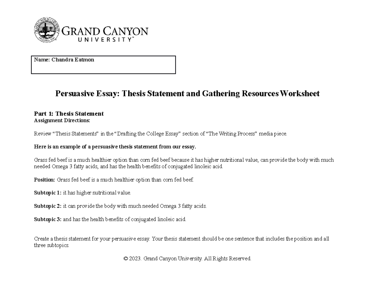 CE PHI105 T3 Persuasive Essay: Thesis Statement Resource Worksheet 2023 ...