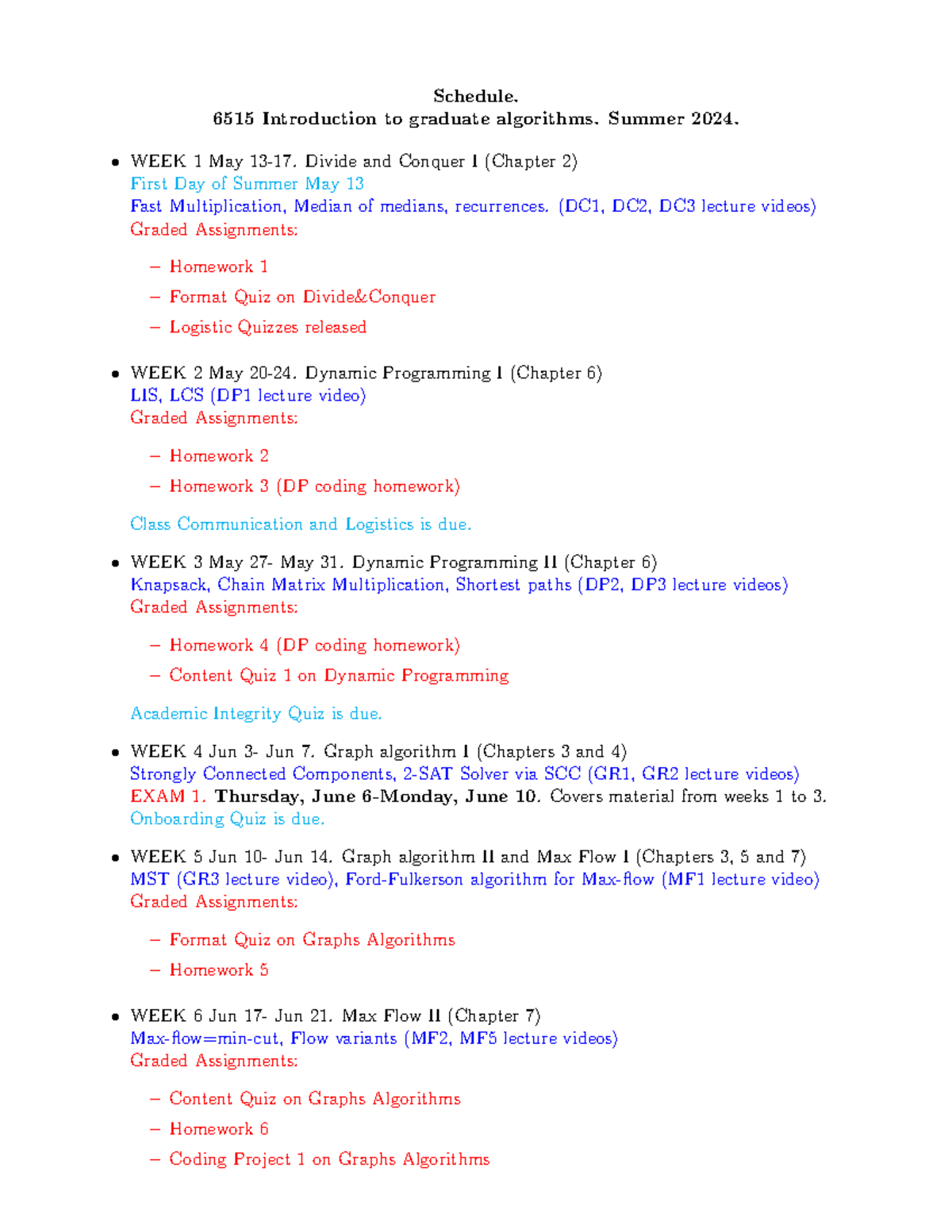 Class Schedule 6515: Summer 2024 Assignments, Quizzes, and Exams - Studocu