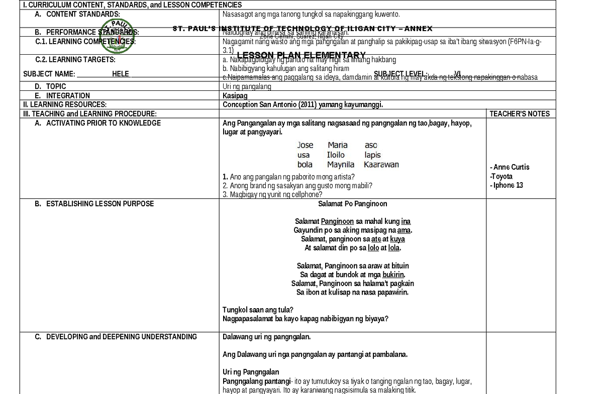 Lesson Plan on Pangngalan: Content Standards & Competencies ELEM - Studocu