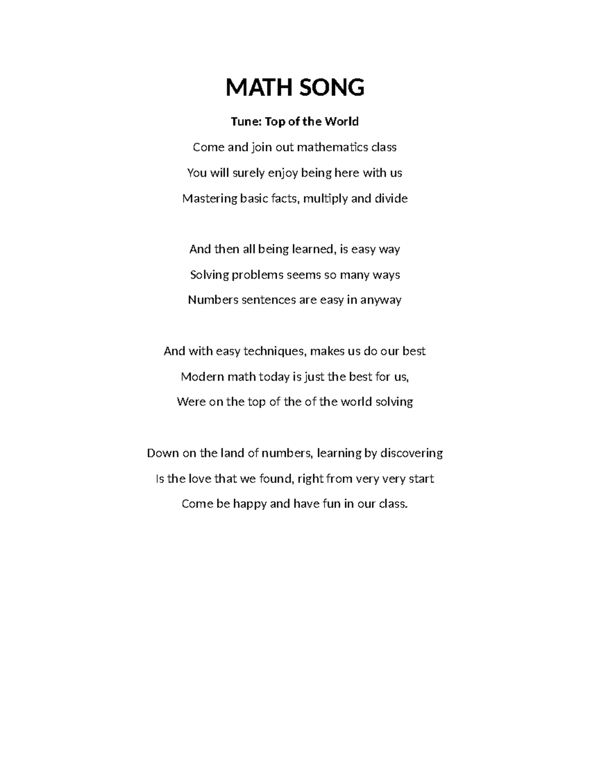 MATH 101 - Fun and Engaging Math Song for Students - Studocu