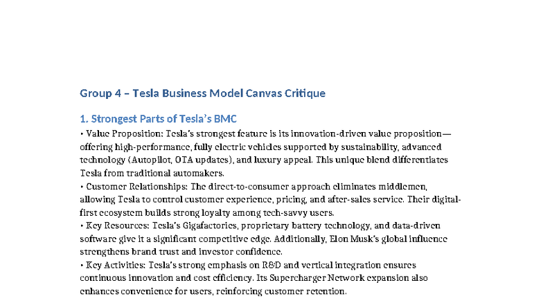 Group 4 Tesla BMC Critique: Strengths, Weaknesses & Improvements - Studocu