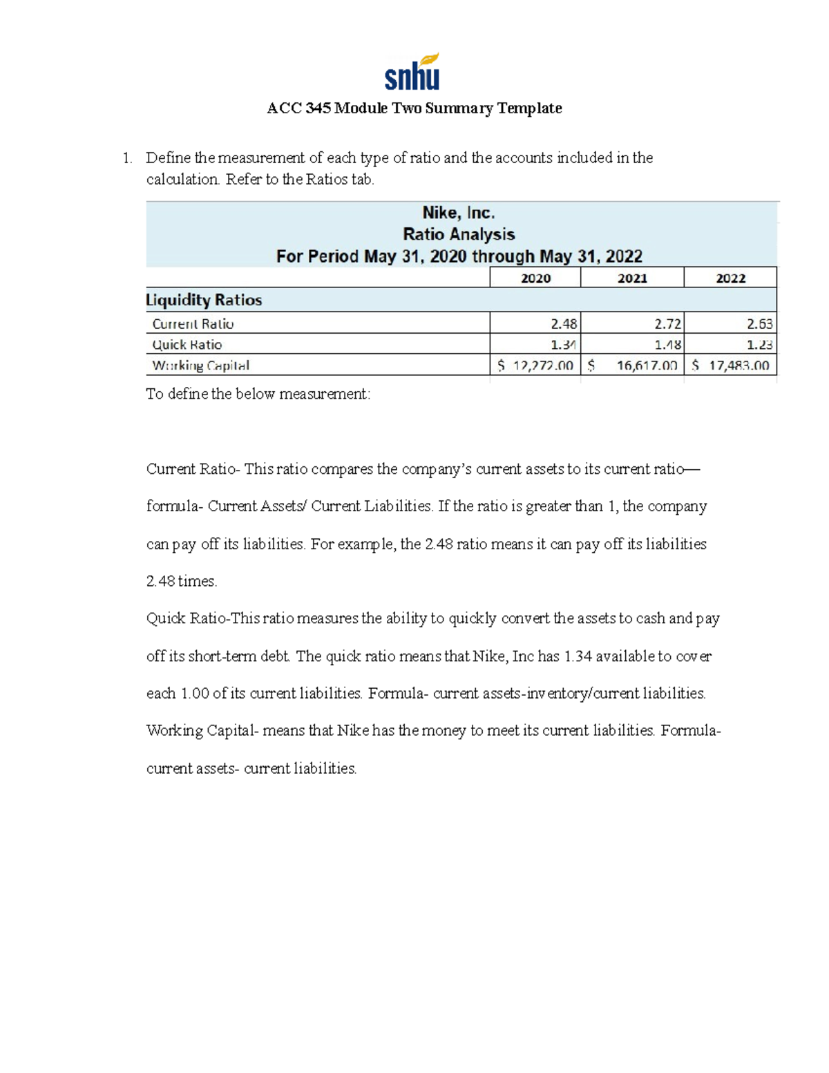 ACC 345 Module Two Ratio Analysis Summary Template - Studocu