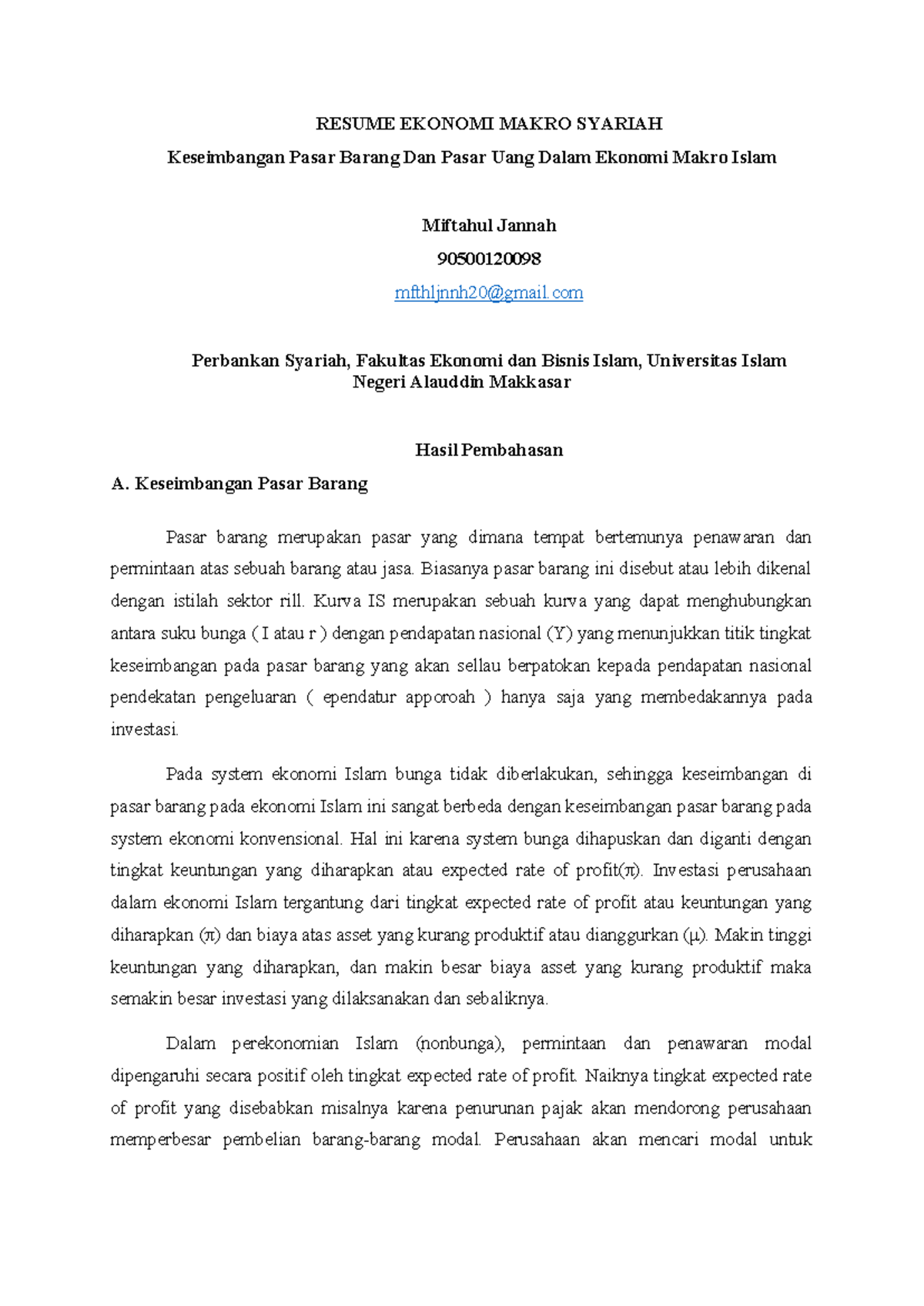 Resume Ekonomi Makro Syariah: Keseimbangan Pasar Barang & Uang - Studocu