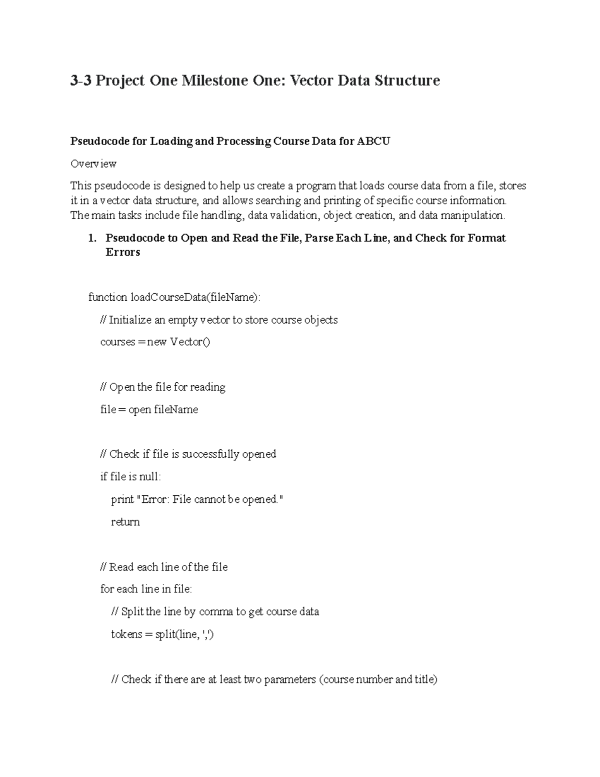 3-3 Project One: Milestone 1 on Vector Data Structure Pseudocode - Studocu