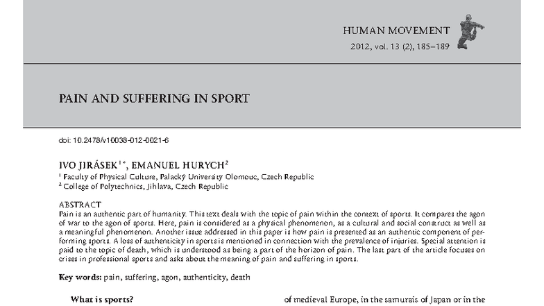 Pain and Suffering in Sport: Insights from Human Movement (2012) - Studocu