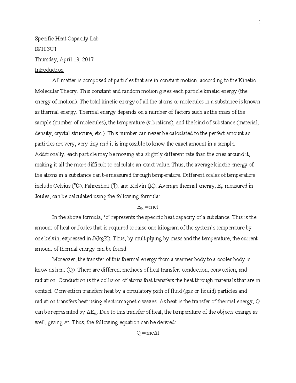 SPH 3U Specific Heat Capacity Lab Report and Analysis - Studocu