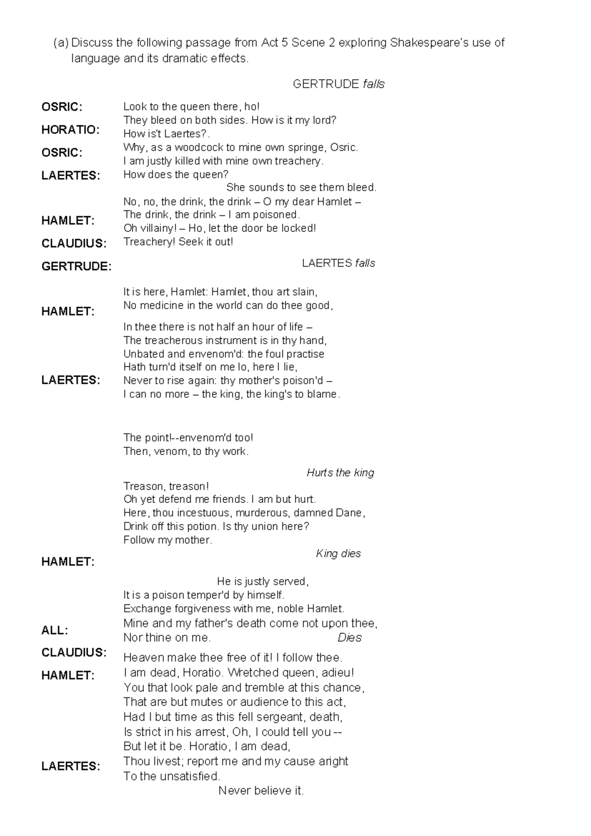 OCR A Level English Literature: Hamlet Analysis of Act 5, Scene 2 - Studocu