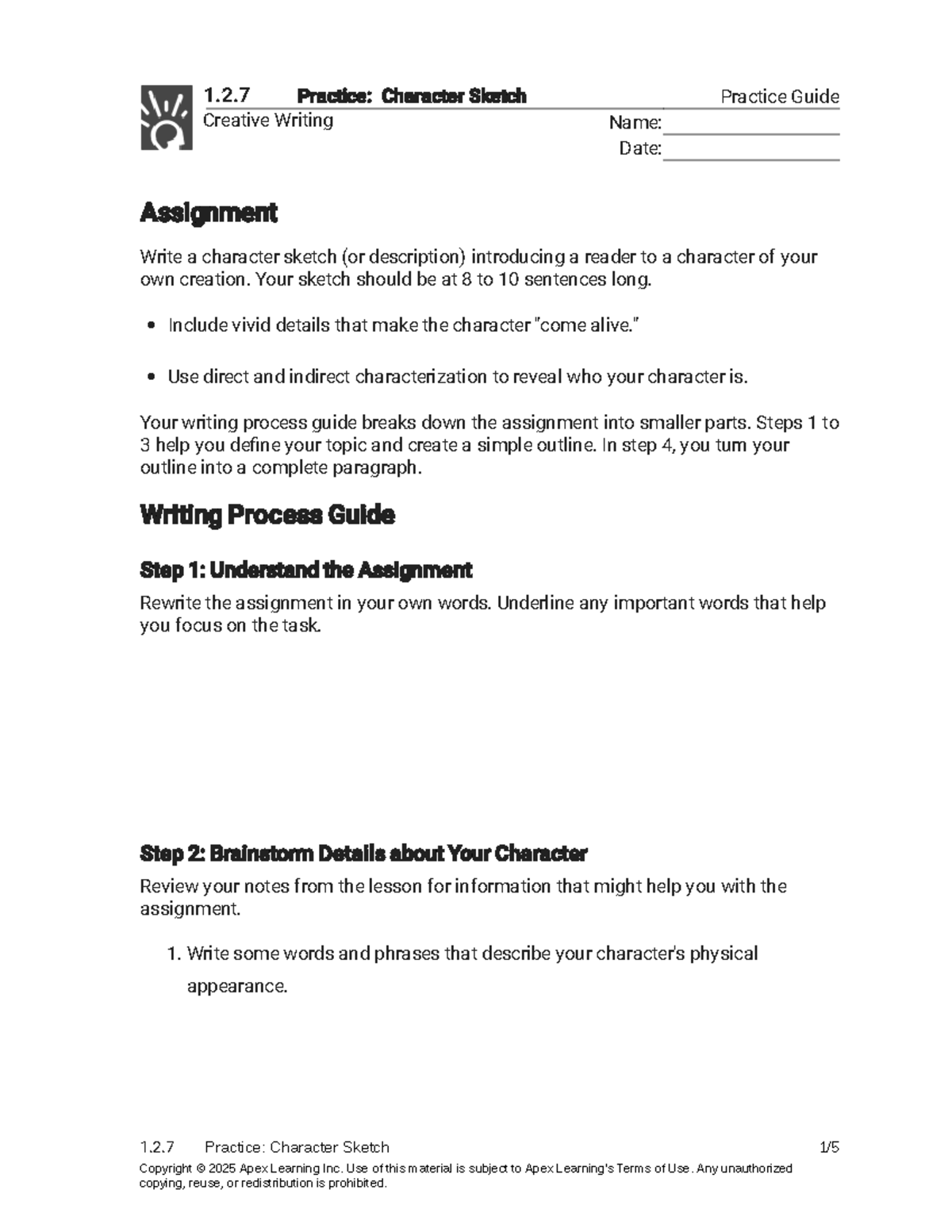1.2.7 Character Sketch Creative Writing Practice Guide - Studocu