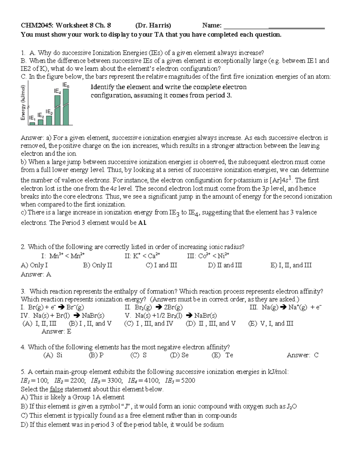 CHM2045: Worksheet 8 on Ionization Energies and Electron Affinity - Studocu