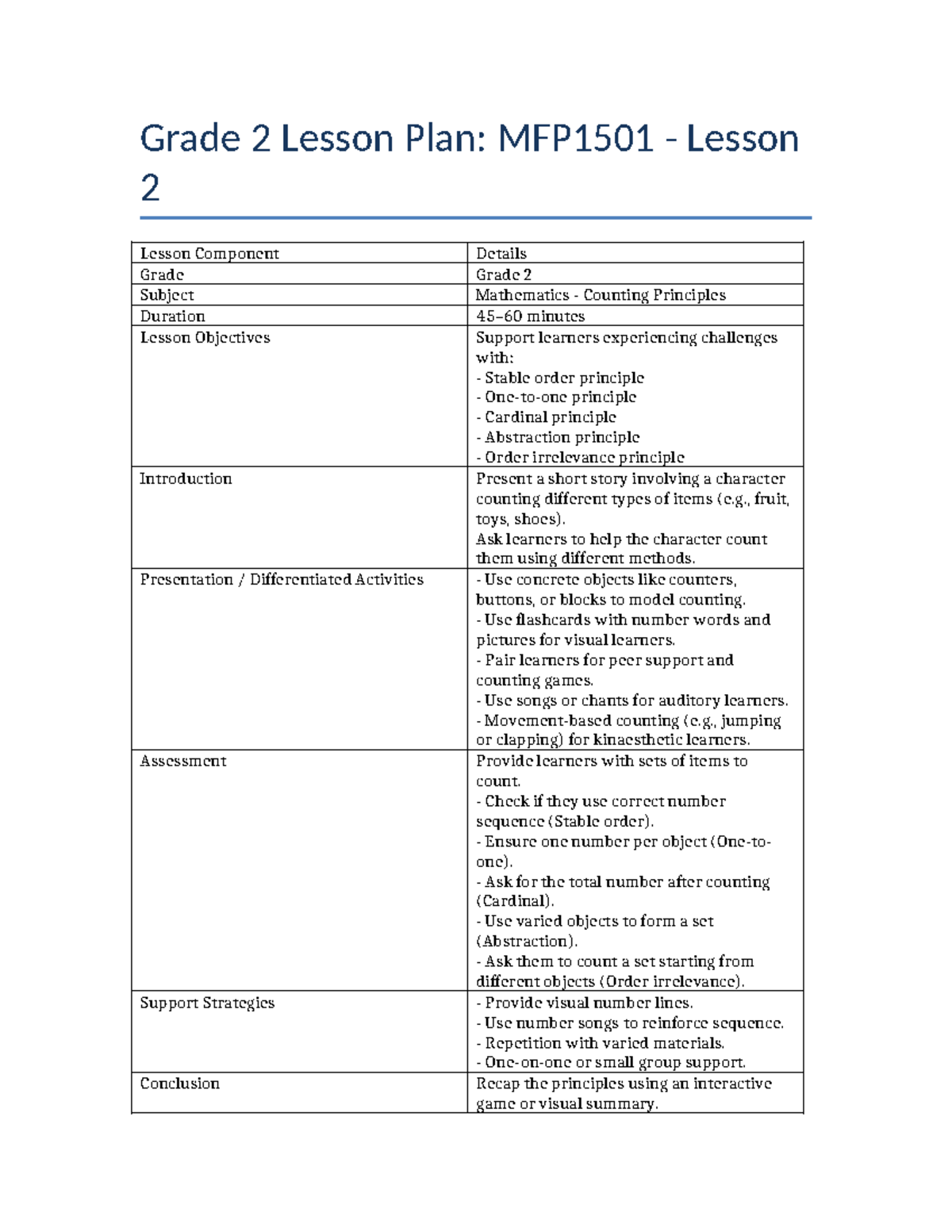 Grade 2 MFP1501 Lesson 2: Understanding Counting Principles - Studocu