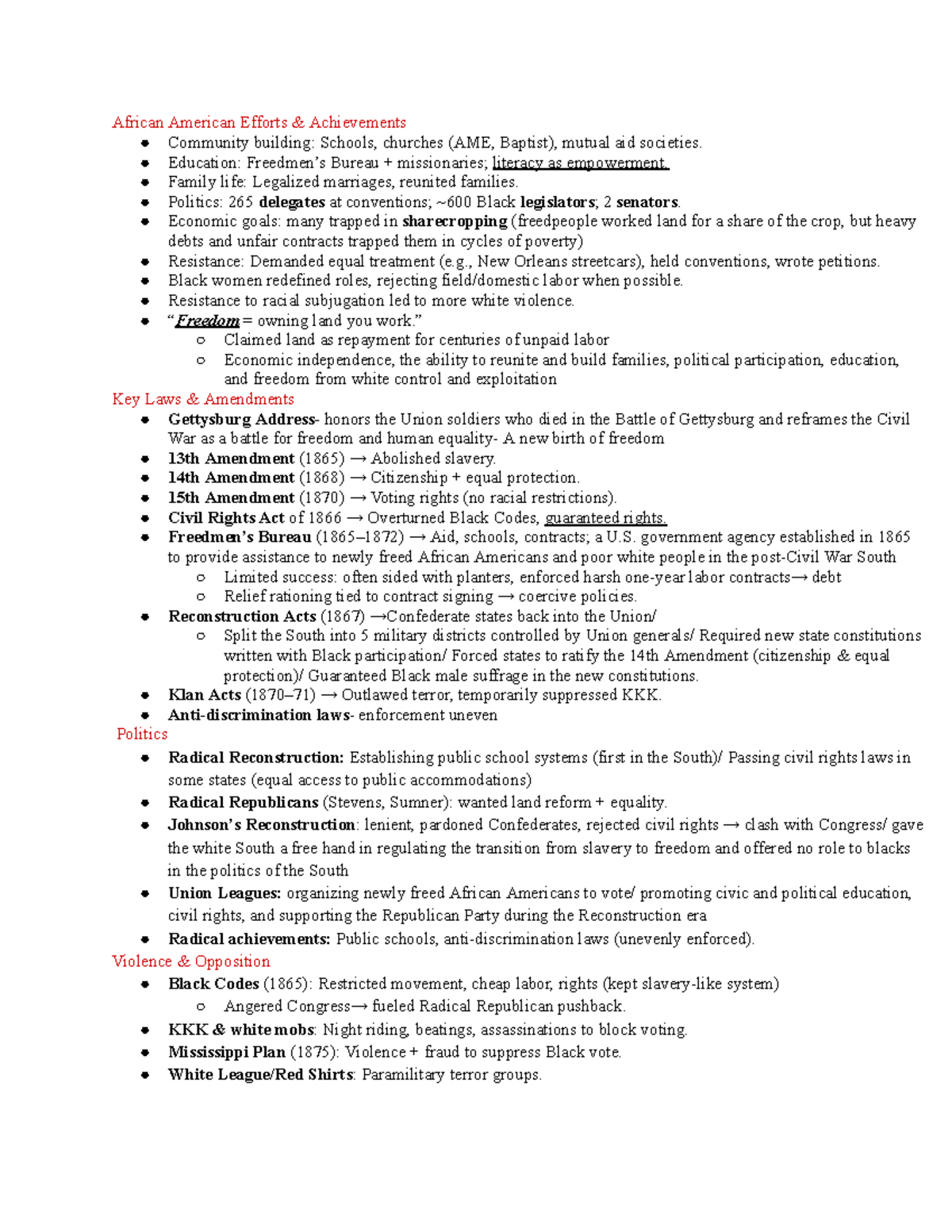 Unit 1 Cheat Sheet: African American Achievements & Resistance - Studocu