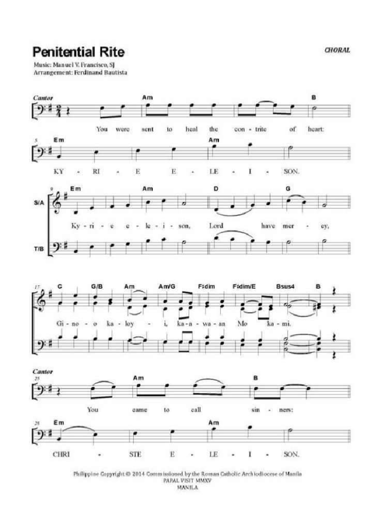 Penitential Rite Choral Music: Manuel V. Francisco Arrangement by ...