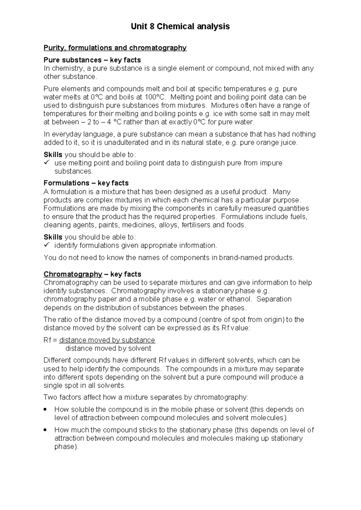 Chemical Analysis Summary Sheet - Unit 8: Purity, Formulations ...