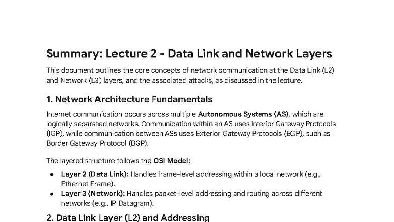Summary: Lecture 2 - Data Link & Network Layers Concepts - Studeersnel
