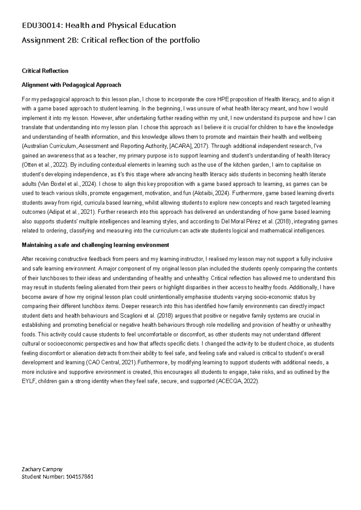 EDU30014: Health and Physical Education Assignment 2B - Critical ...