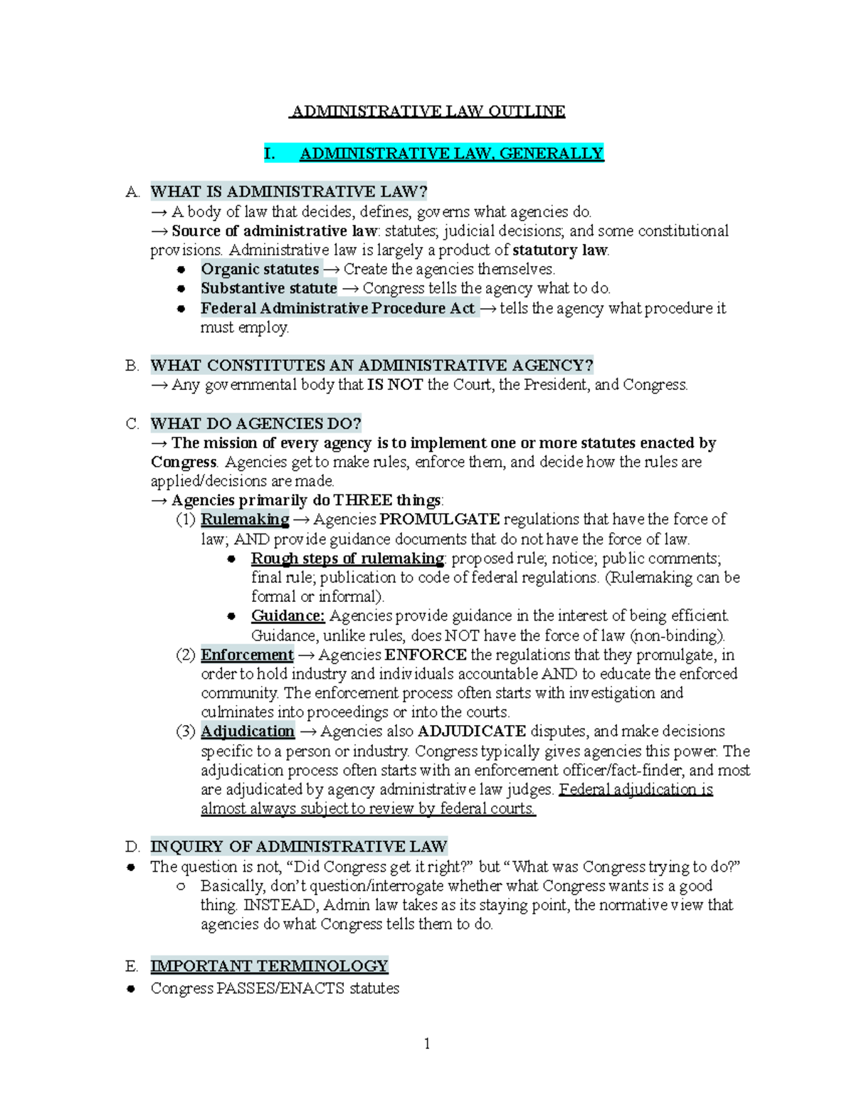 Admin Law Outline: Key Concepts & The Administrative Procedure Act ...