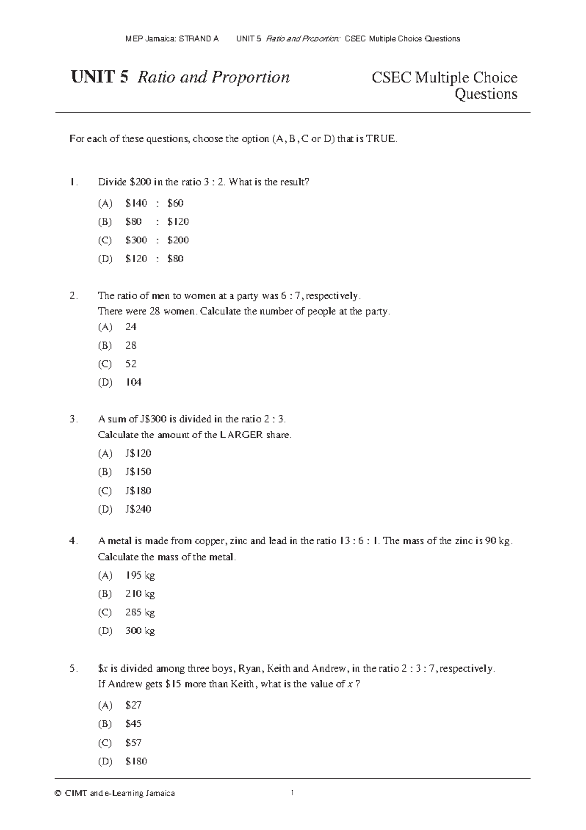 CSEC Exam MCQ: Ratio and Proportion - Unit 5 Guide - Studocu