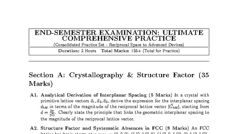 EXAMINATION: COMPREHENSIVE PRACTICE SET (Reciprocal Space to Advanced ...