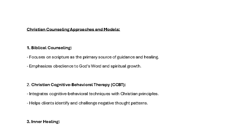 Christian Counseling 2: Approaches, Models, and Key Principles - Studocu