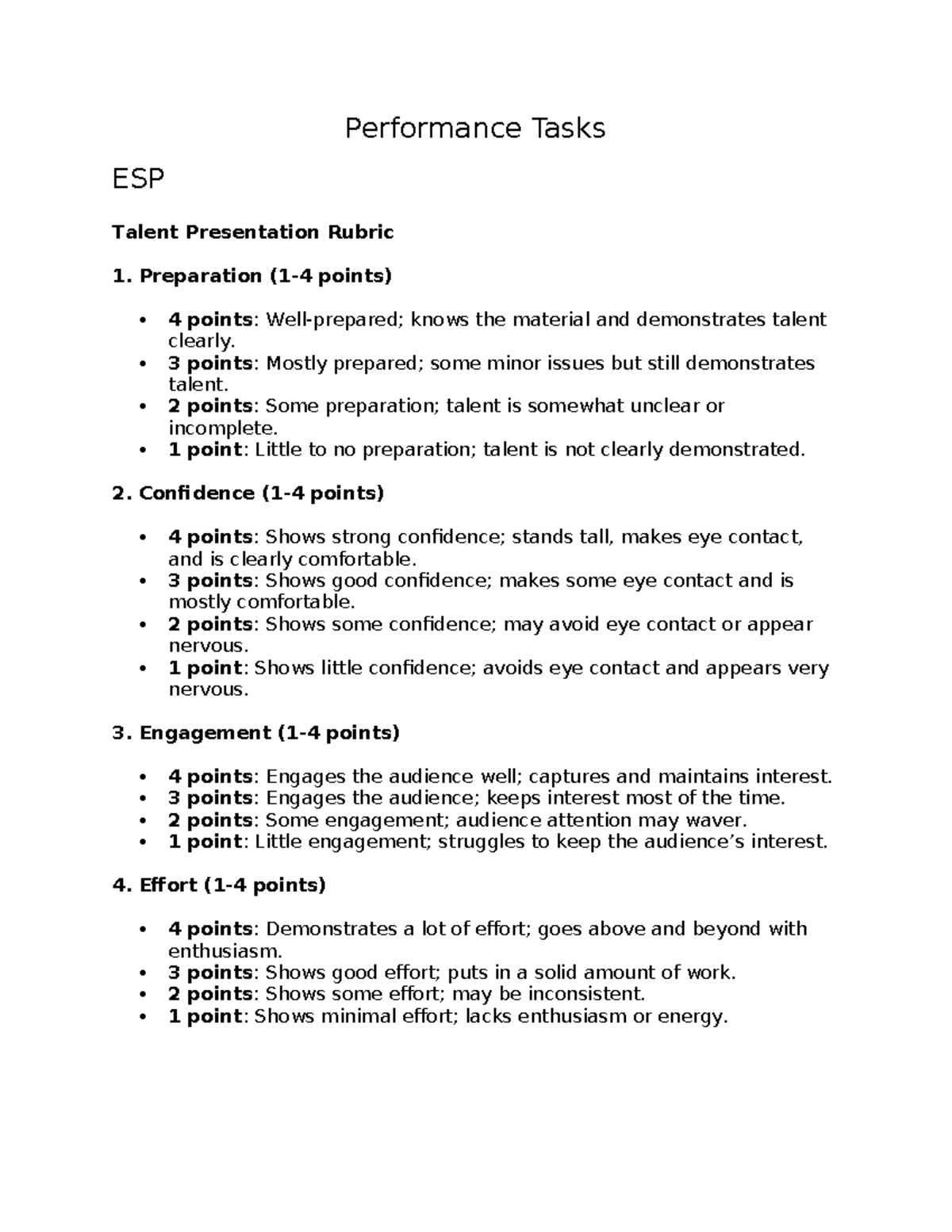 Performance Tasks Rubrics - Performance Tasks ESP Talent Presentation ...