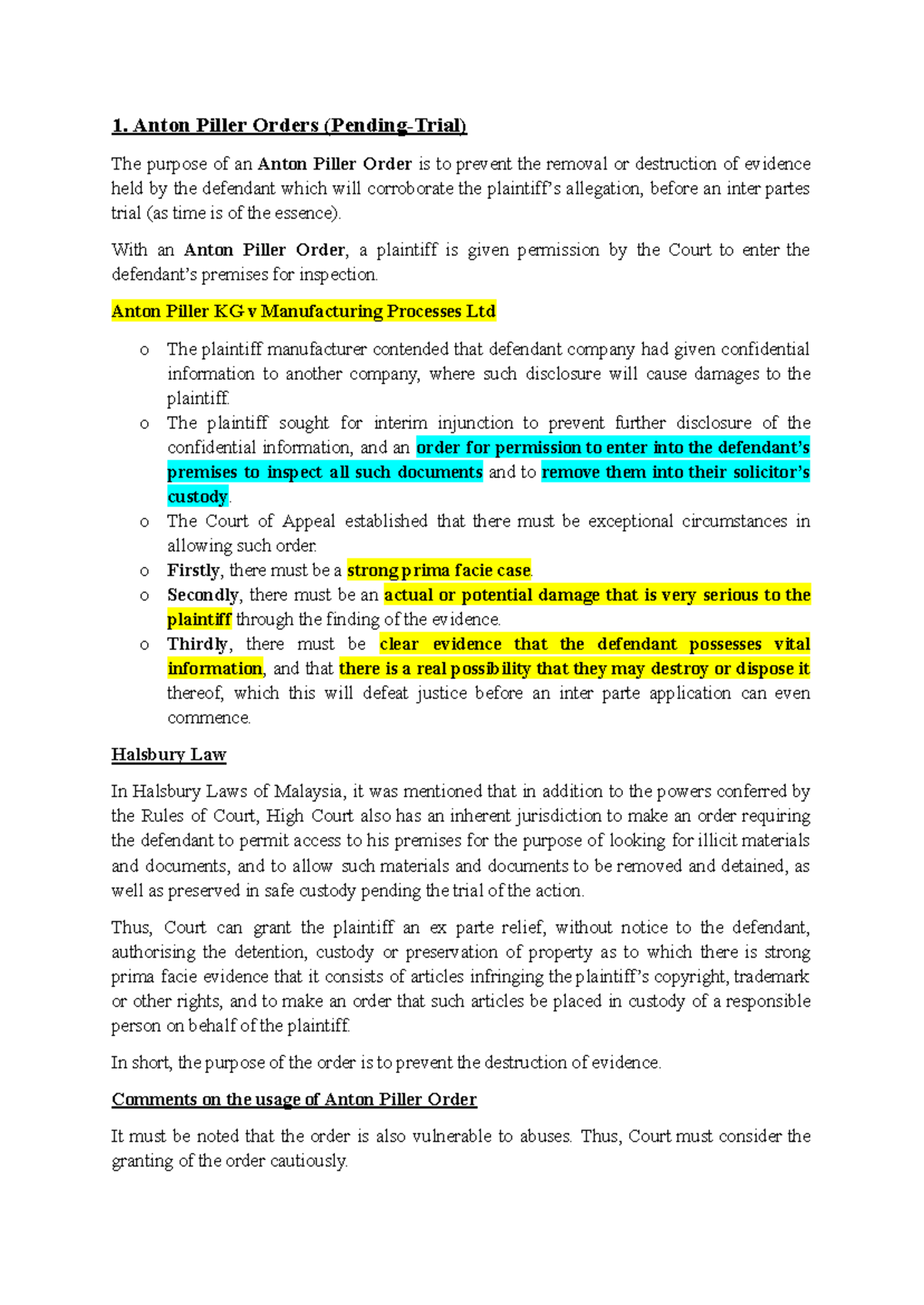 8 Anton Piller Order, Rectification & Rescission Overview - Studocu