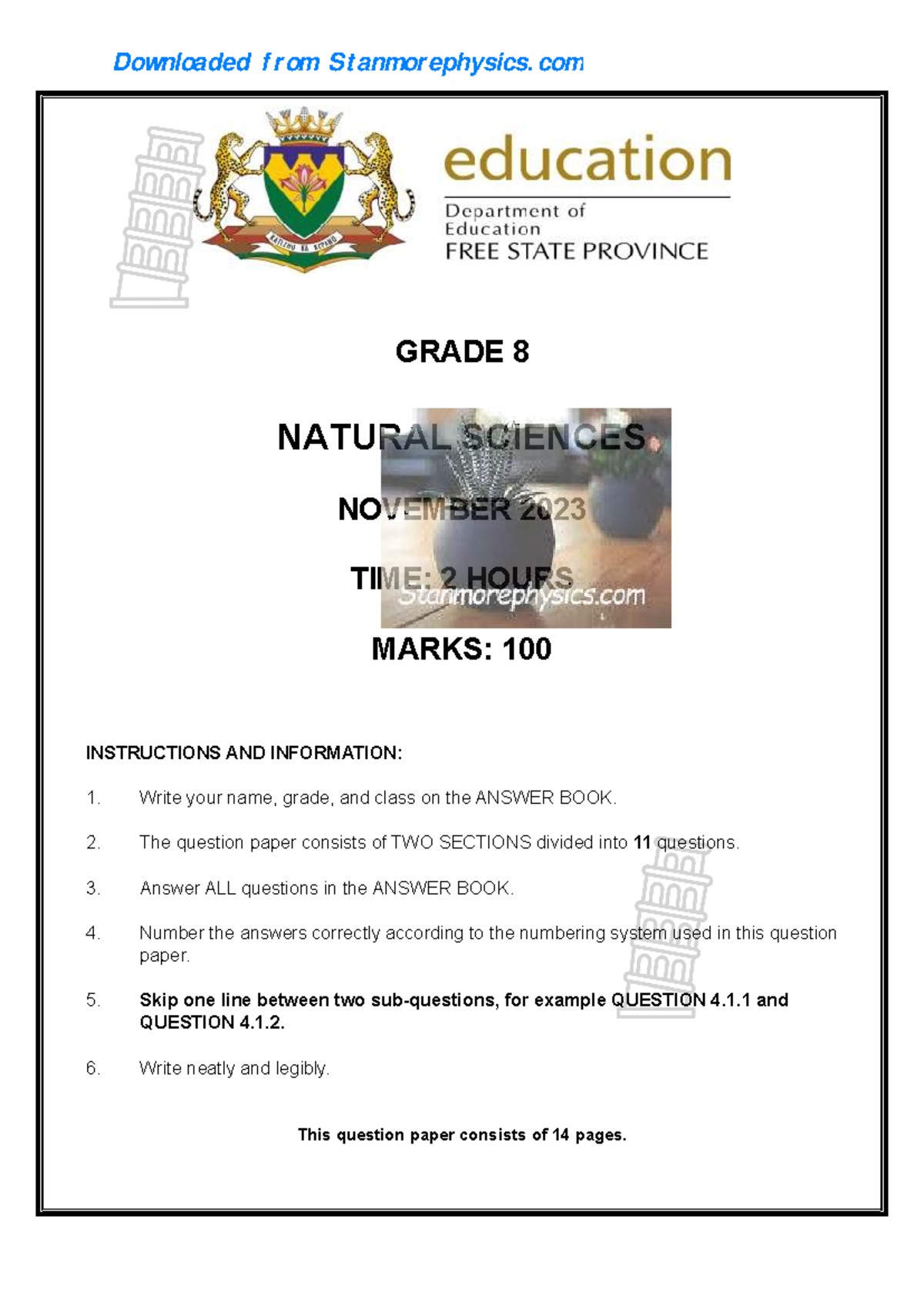 Natural Sciences Grade 8 November 2023 Exam QP & Memo - Studocu