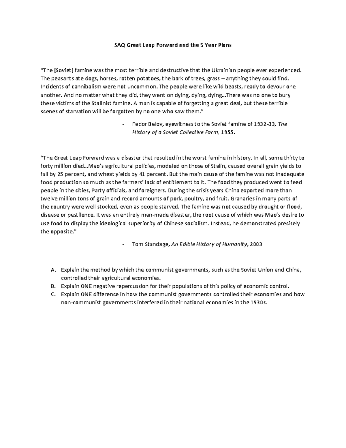 SAQ: The Great Leap Forward & 5-Year Plans - Famine's Impact on Ukraine ...