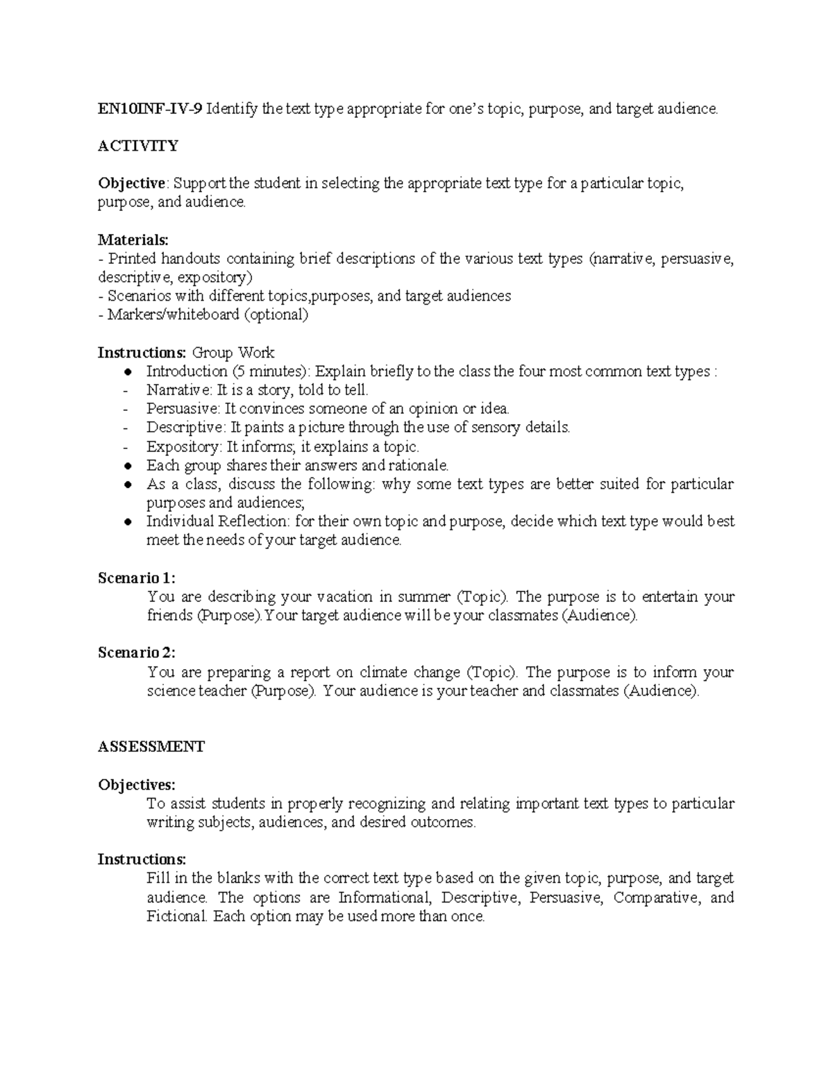 EN10INF-IV-9 Selecting the Right Text Type for Audience & Purpose - Studocu