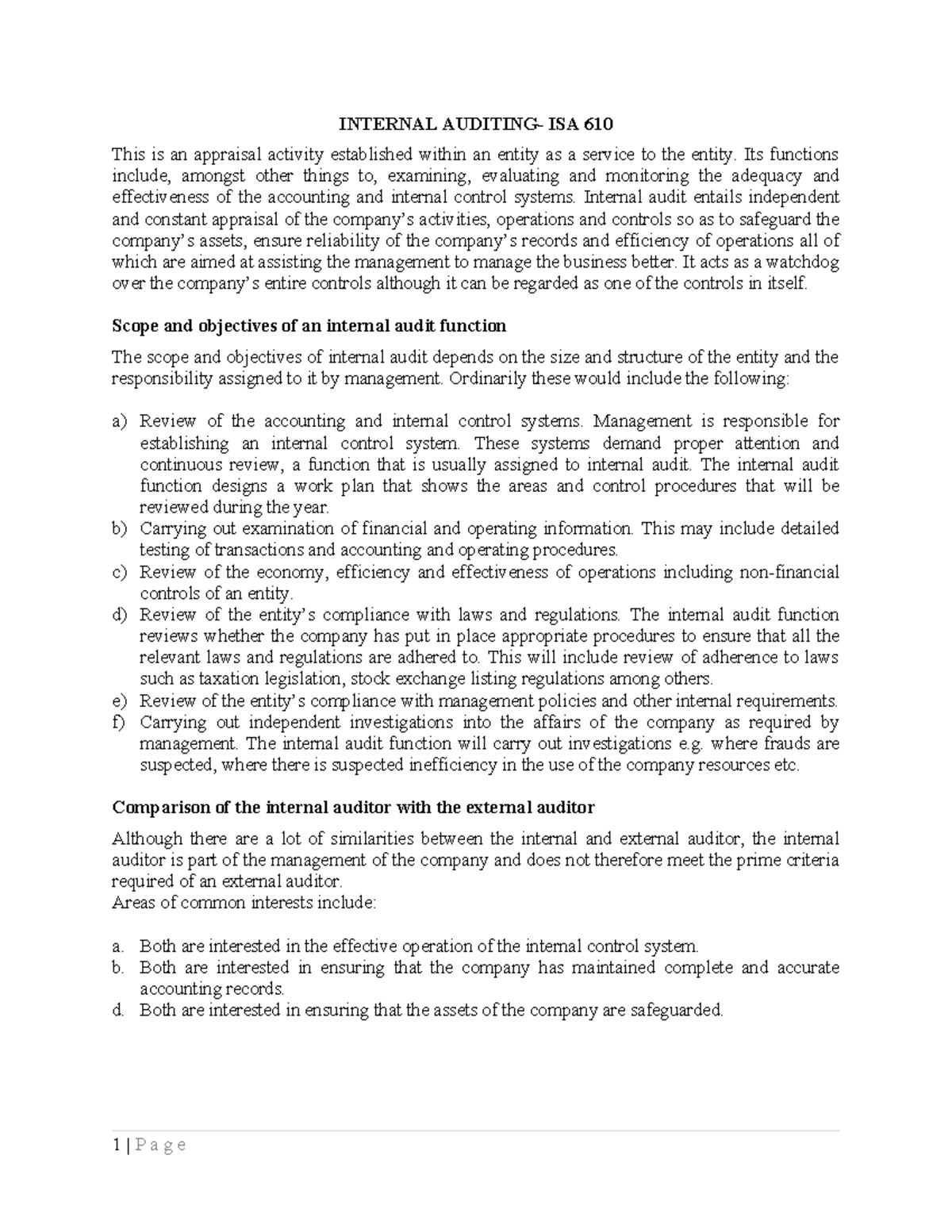 Internal Auditing Overview: Key Functions & Objectives (ISA 610) - Studocu