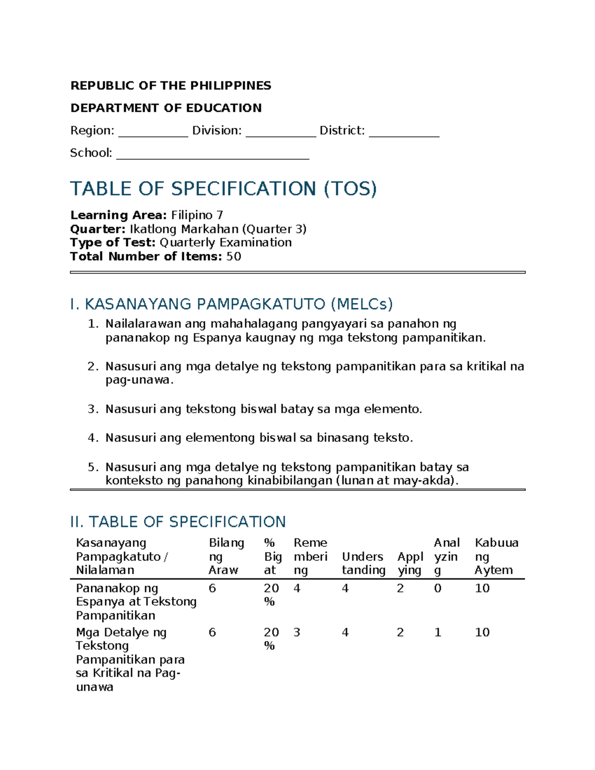 TOS Filipino 7 Q3: Quarterly Exam Specifications and Details - Studocu