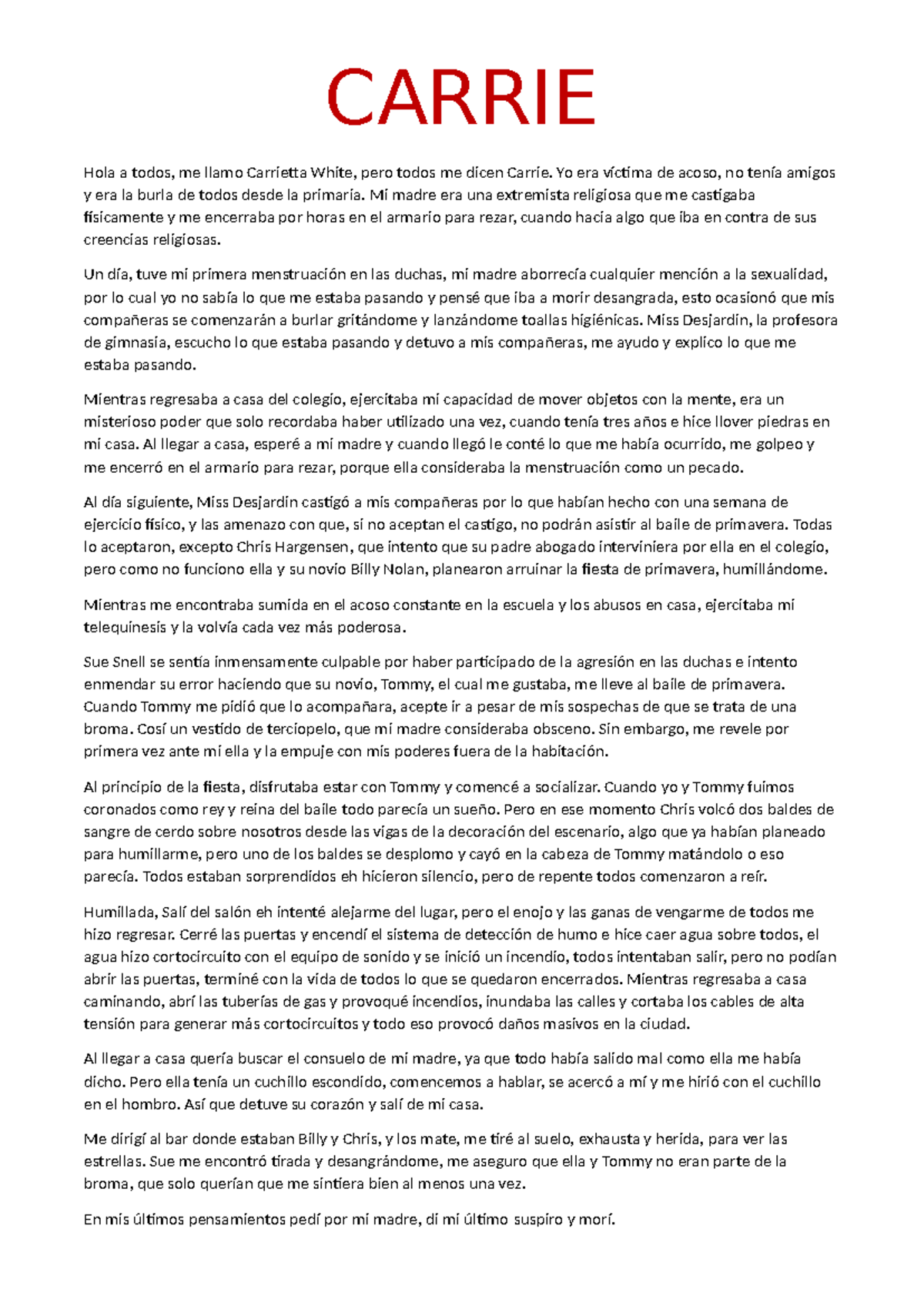 Carrie - resumen del libro desde la perspectiva de la protagonista ...