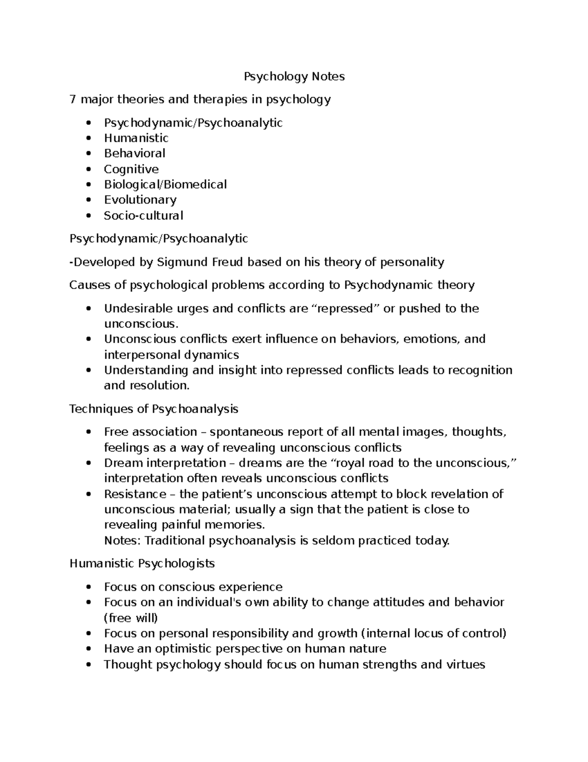 Psychology 101: Theories and Therapies Overview and Key Concepts - Studocu
