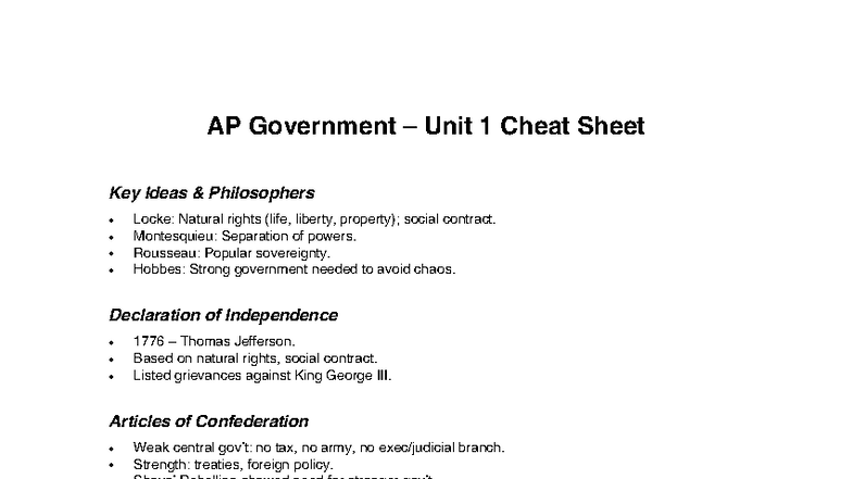 AP Government Unit 1 Cheat Sheet: Key Philosophers & Principles - Studocu
