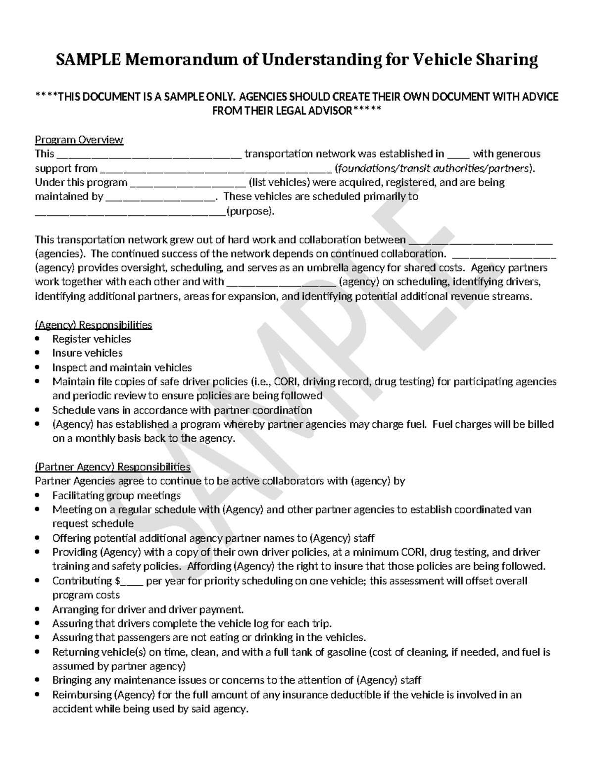 Sample MOU for vehicle sharing - SAMPLE Memorandum of Understanding for ...