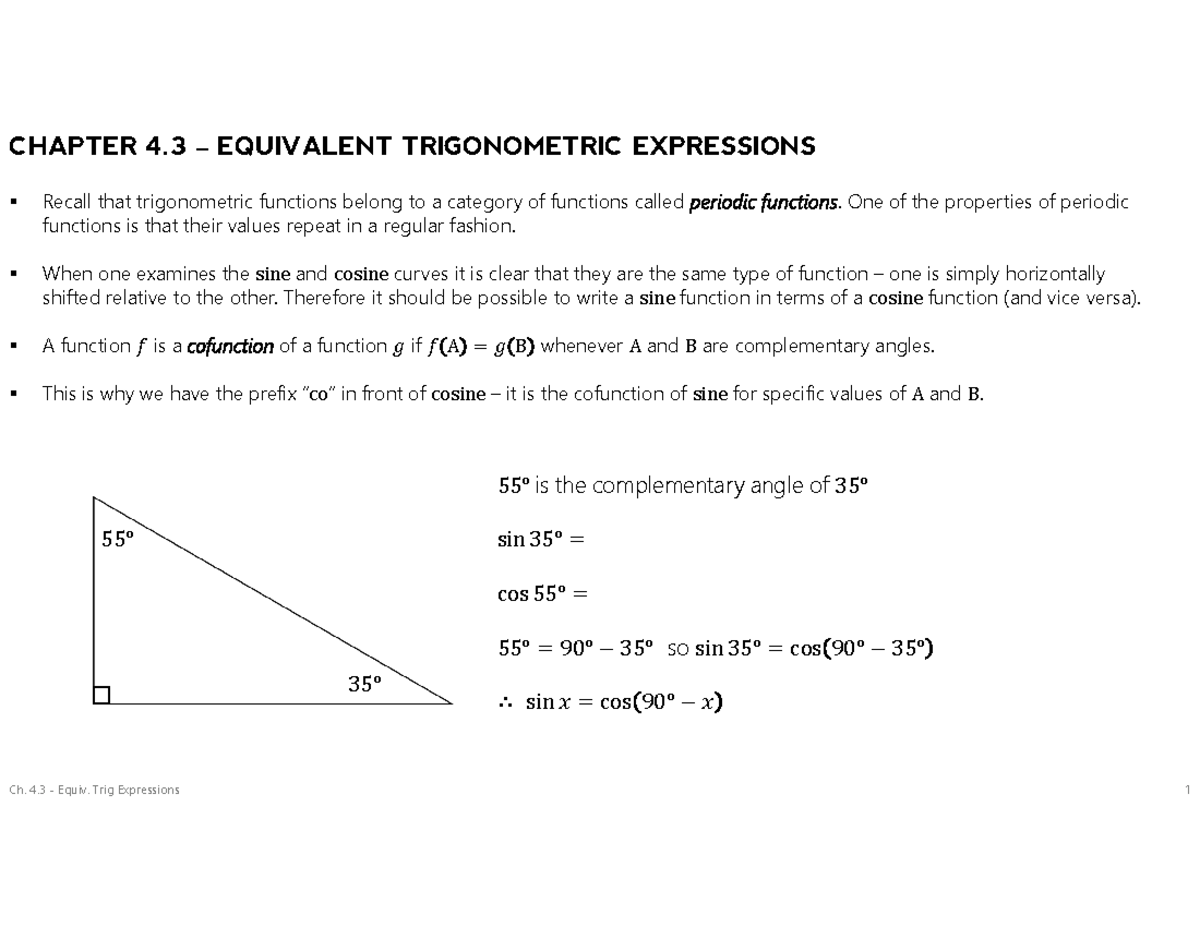 MHF4U - Chapter 4.3: Equivalent Trigonometric Expressions - Studocu