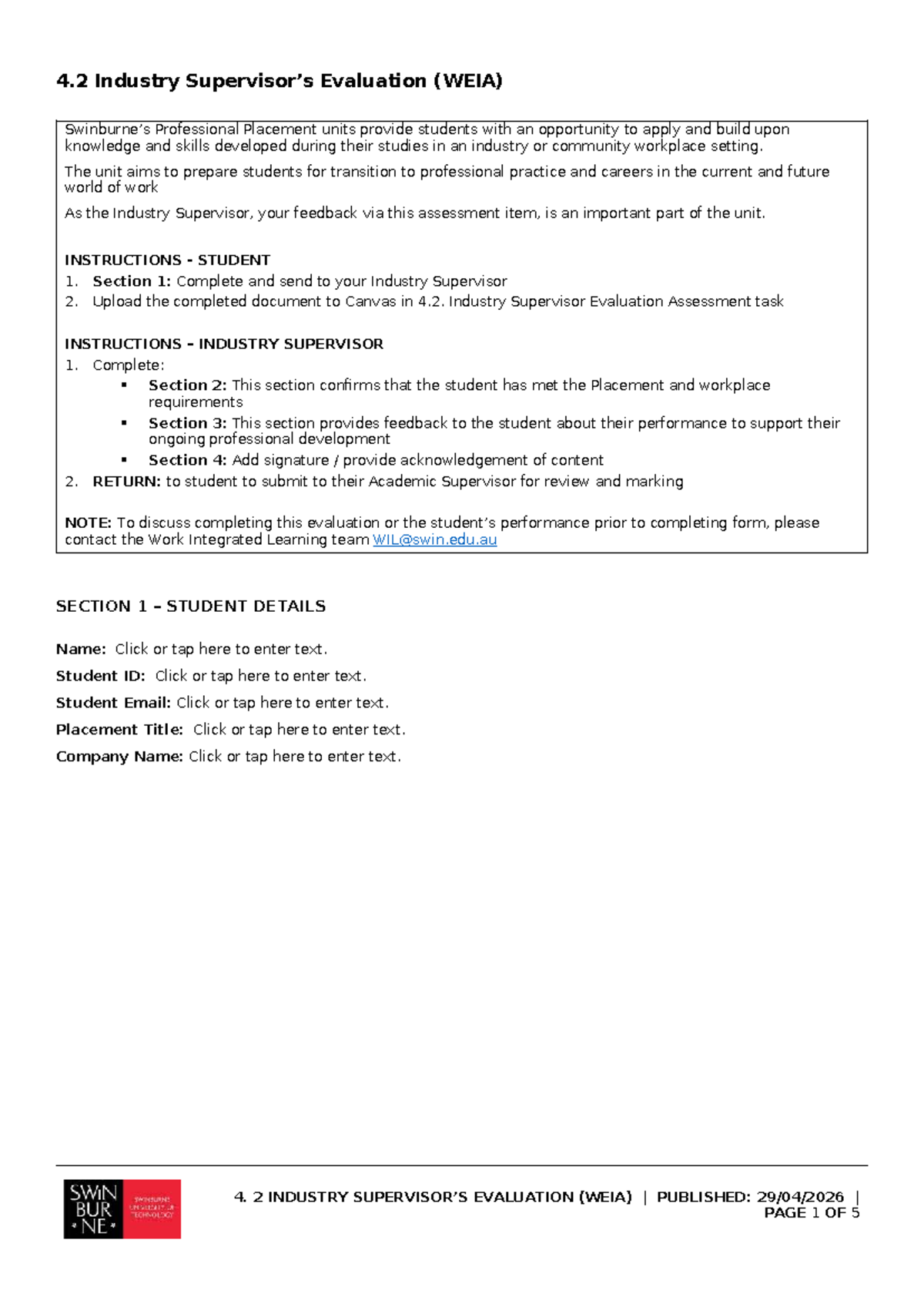 4.2 Industry Supervisor Evaluation Guide (WEIA) - Studocu