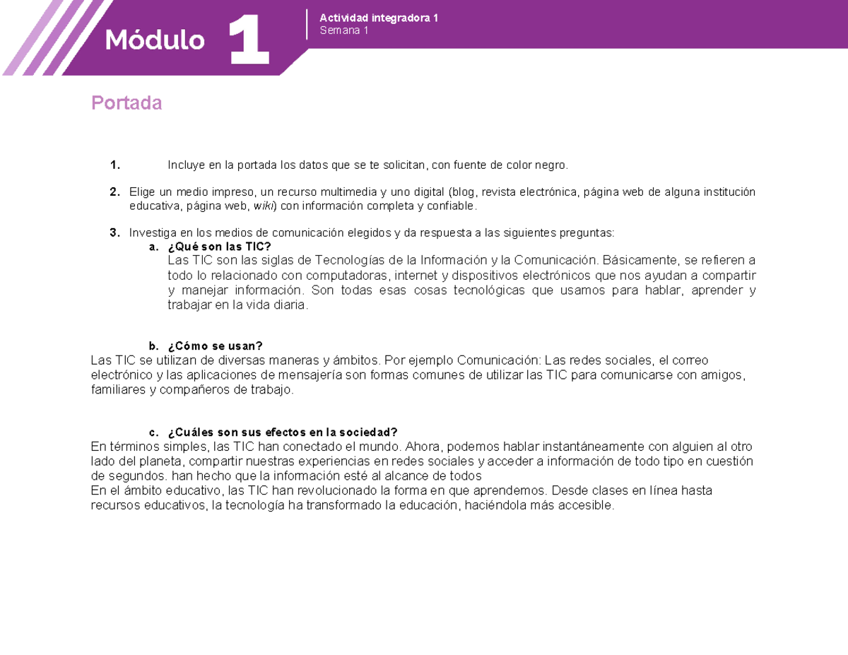 M1S1AI1 - a. ¿Qué son las TIC? b. ¿Cómo se usan? c. ¿Cuáles son sus ...
