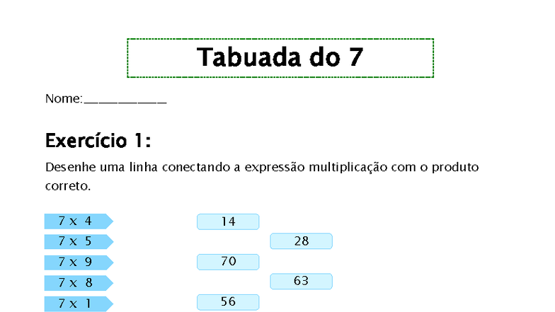 Tabuada do 7: Exercícios e Fichas de Trabalho WS2 - Studocu