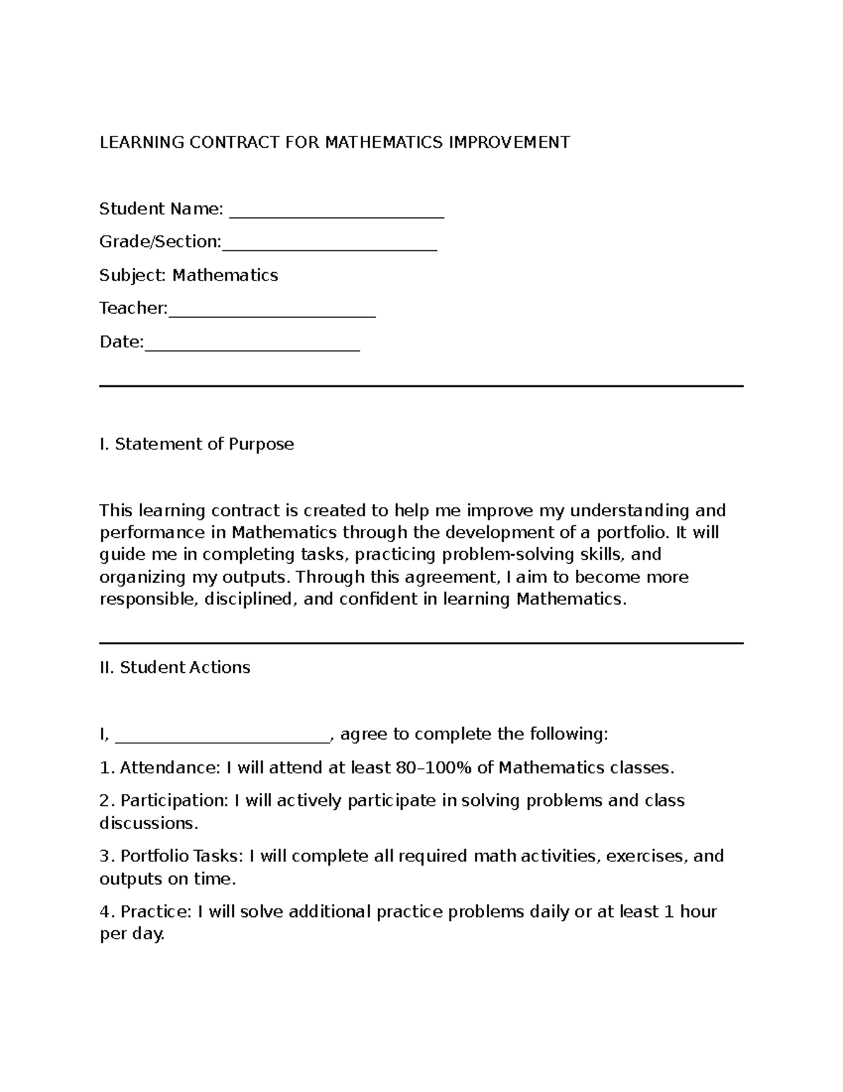 Mathematics Improvement Learning Contract - Math 101 - Studocu