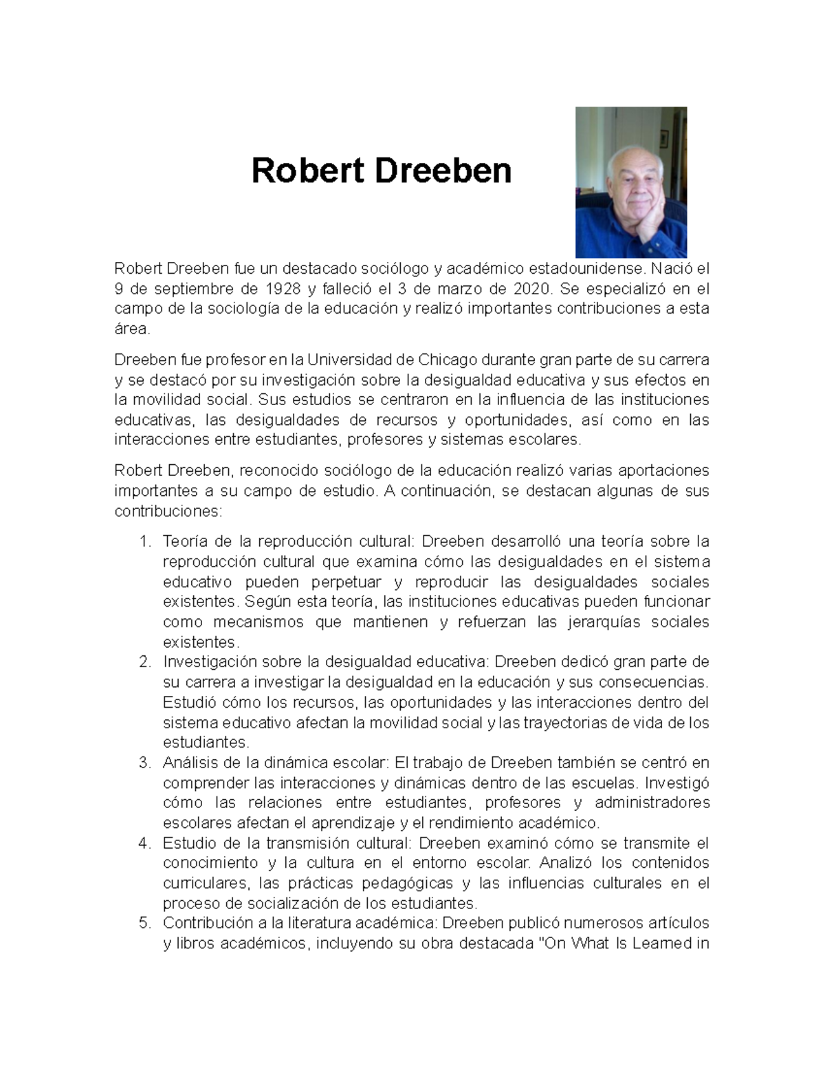 Aportaciones de Robert Dreeben a la Sociología de la Educación - Studocu