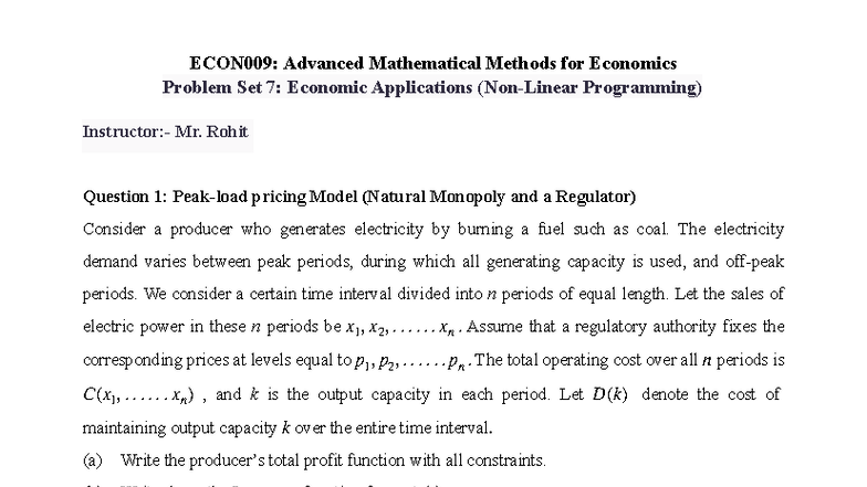 ECON009: Problem Set 7 - Advanced Math Methods in Economics - Studocu